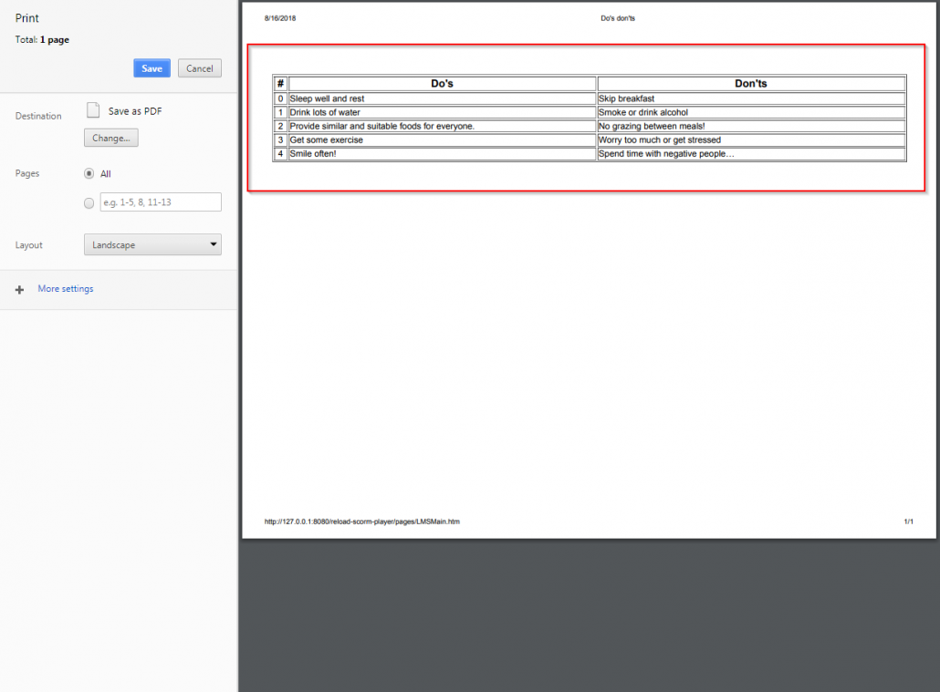 Custom eLearning using JavaScript for Customized Print Result