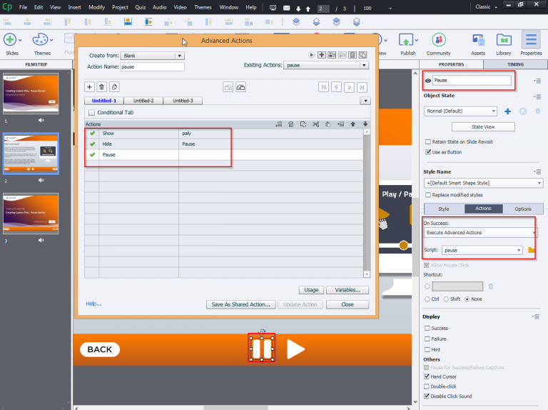 Adobe Captivate 2019 – Steps to create custom Play – Pause button using Advanced Actions