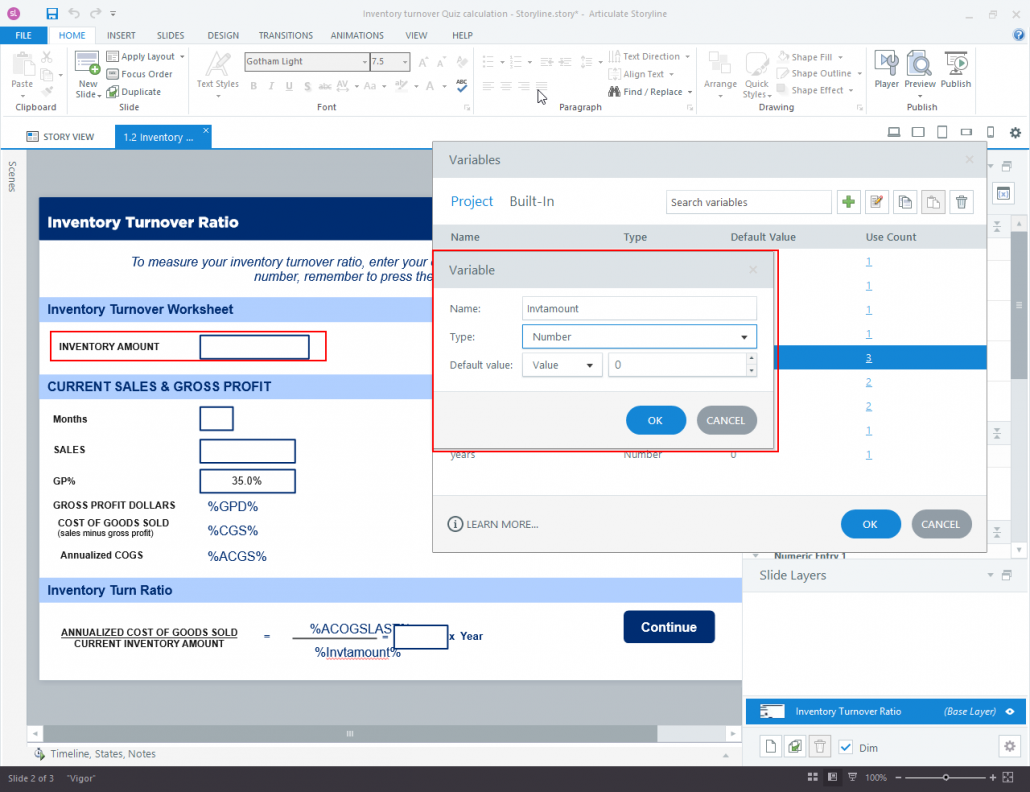 Using Articulate Storyline 360 Variables to Do Percentage Calculation