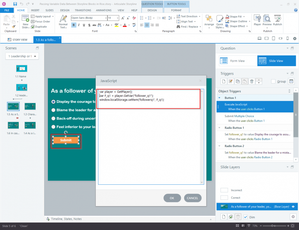 Send Variable Data from Storyline to Articulate Rise Blocks