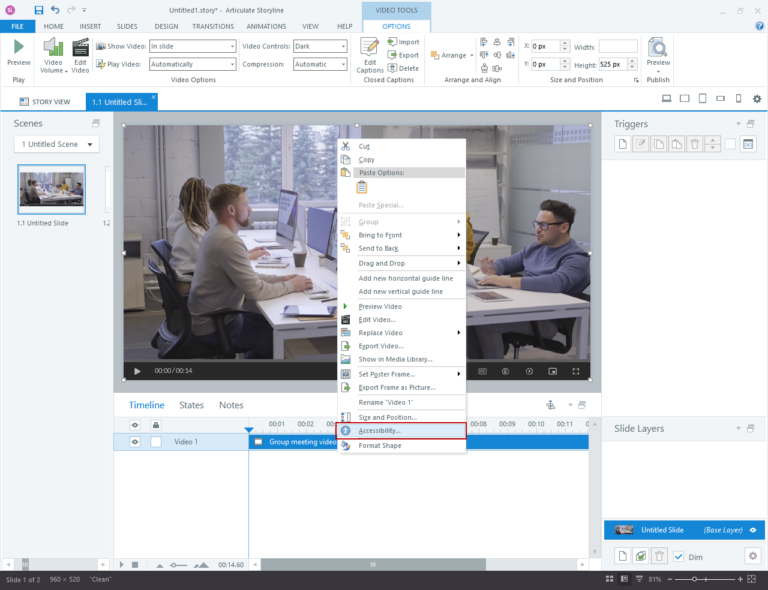 Video transcripts from closed captions in Storyline 360