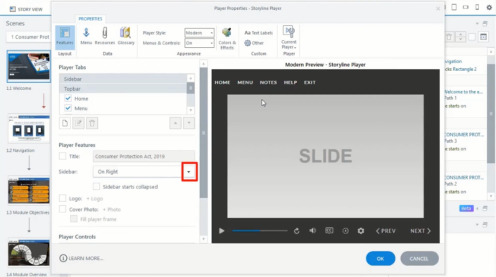 Storyline 360 | Arrange a sidebar and modern player controls