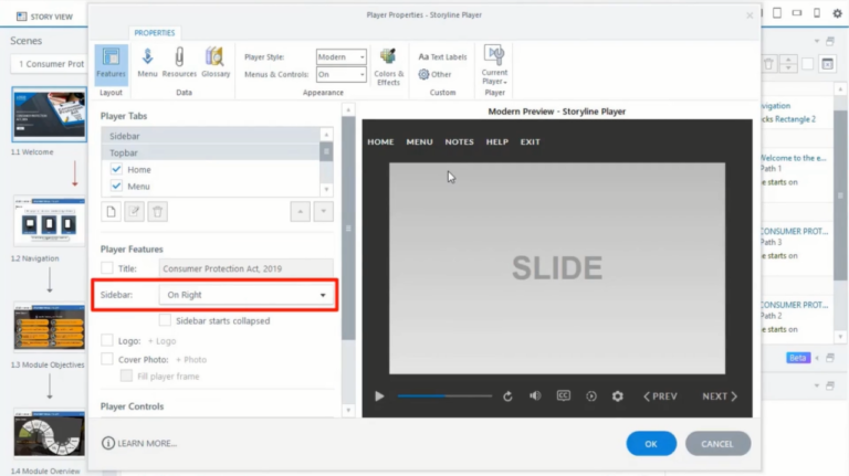 Storyline 360 | Arrange a sidebar and modern player controls