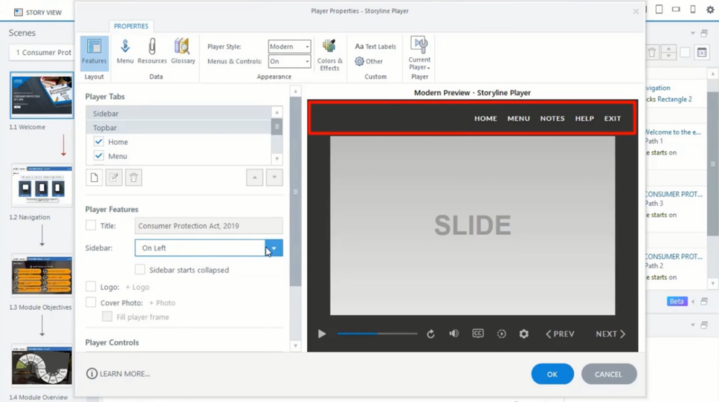 Storyline 360 | Arrange a sidebar and modern player controls