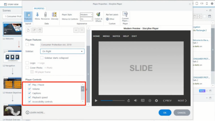 Storyline 360 | Arrange a sidebar and modern player controls